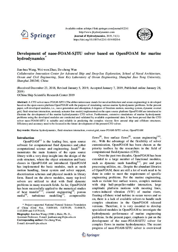 Pdf Development Of Naoe Foam Sjtu Solver Based On Openfoam For Marine Hydrodynamics