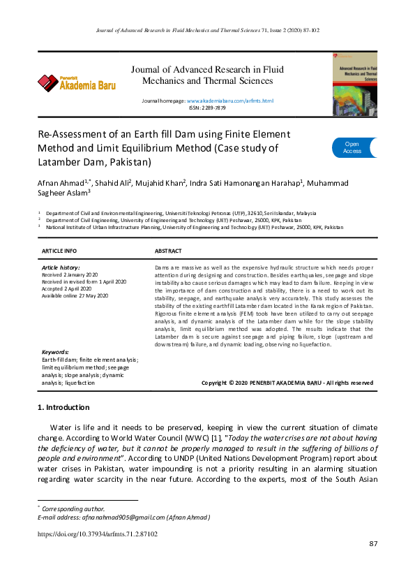 (PDF) Re-Assessment of an Earth fill Dam using Finite Element Method and Limit Equilibrium ...
