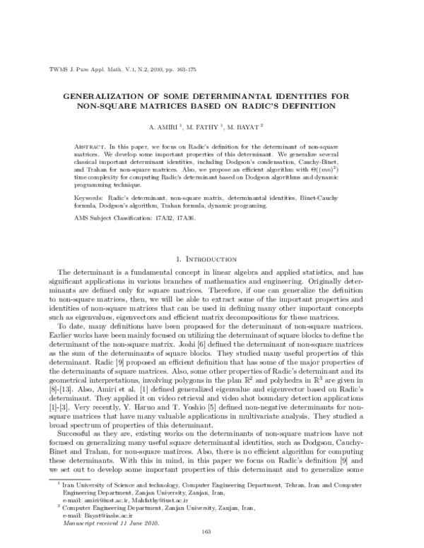 (PDF) Generalization of Some Determinantal Identities for Non-Square Matrices Based on Radic’s ...