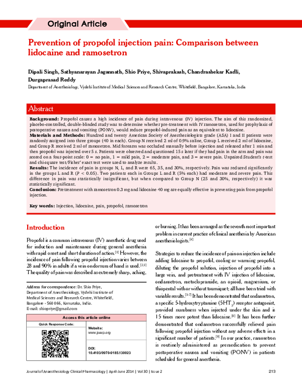 (PDF) Prevention of propofol injection pain: Comparison between ...