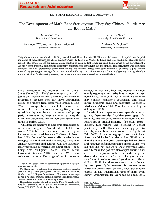 (PDF) The Development of Math–Race Stereotypes: “They Say Chinese ...