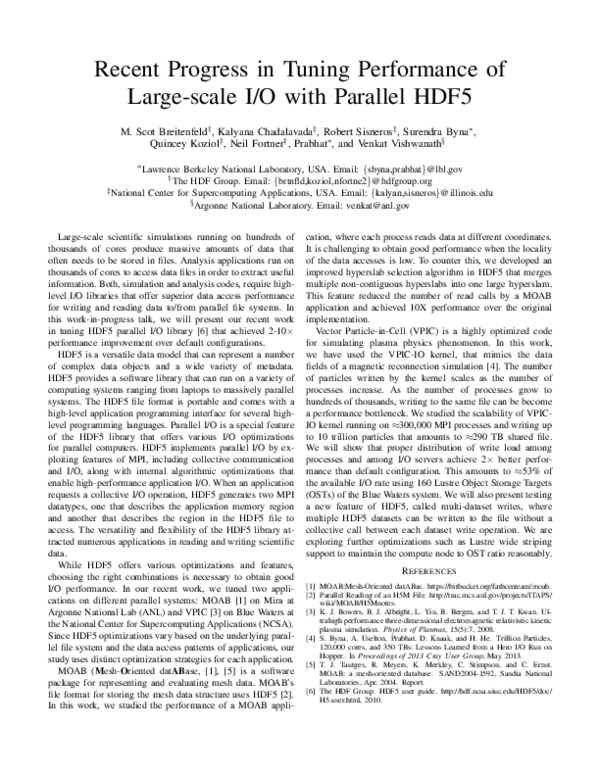 Pdf Recent Progress In Tuning Performance Of Large Scale I O With Parallel Hdf5 Quincey