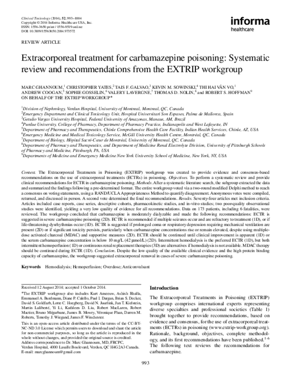 (PDF) Extracorporeal treatment for carbamazepine poisoning: Systematic ...