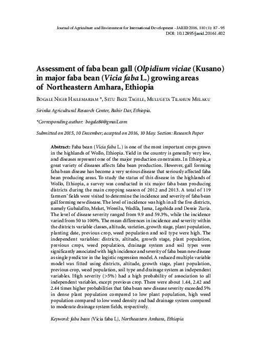 (PDF) Assessment of faba bean gall ( Olpidium viciae (Kusano) in major ...