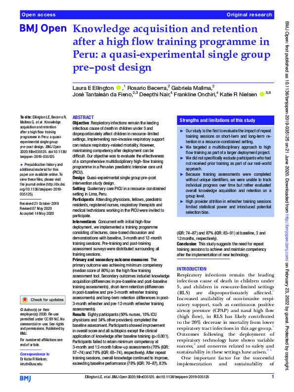 (PDF) Knowledge acquisition and retention after a high flow training programme in Peru: a quasi ...