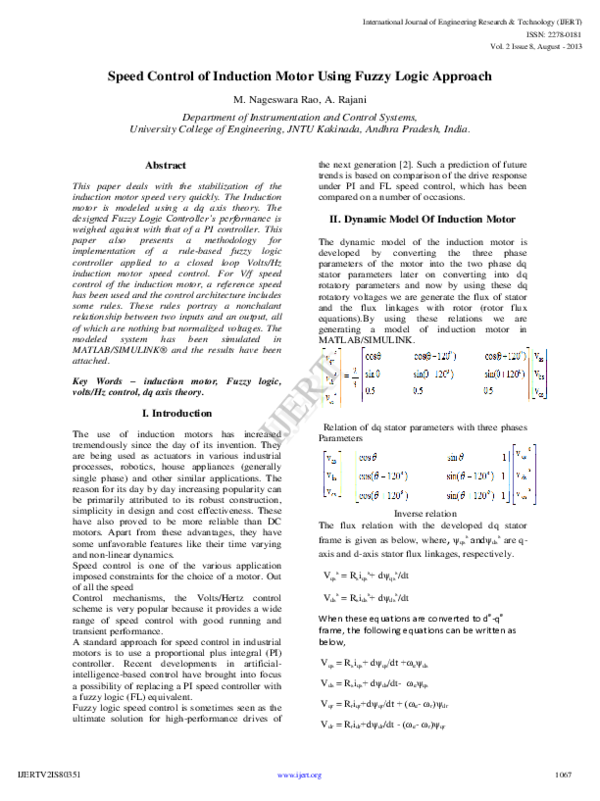 Pdf Speed Control Of Induction Motor Using Fuzzy Logic Controller