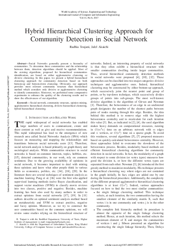 (PDF) Hybrid Hierarchical Clustering Approach For Community Detection In Social Network