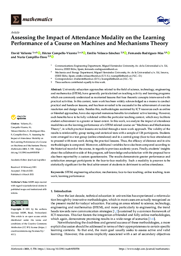 (PDF) Assessing the Impact of Attendance Modality on the Learning Performance of a Course on ...