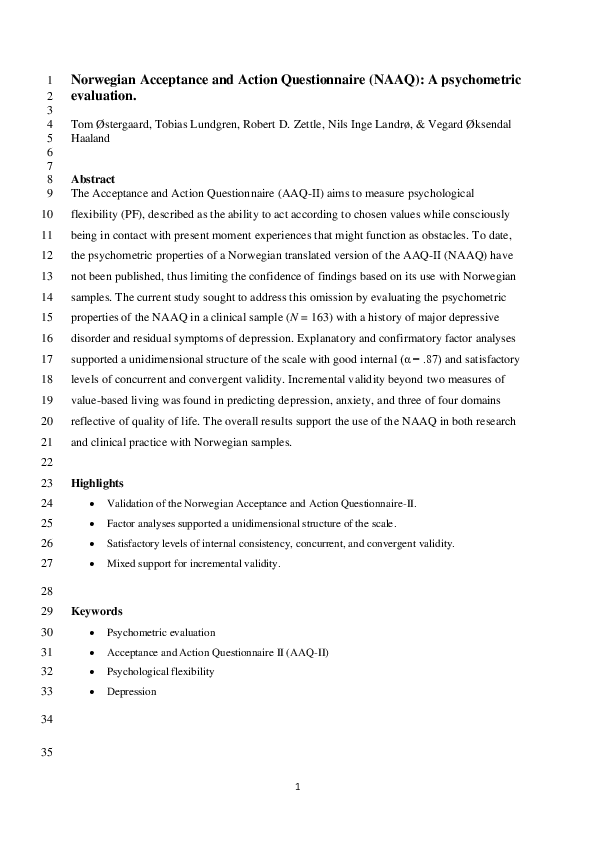(PDF) Norwegian Acceptance and Action Questionnaire (NAAQ): A ...