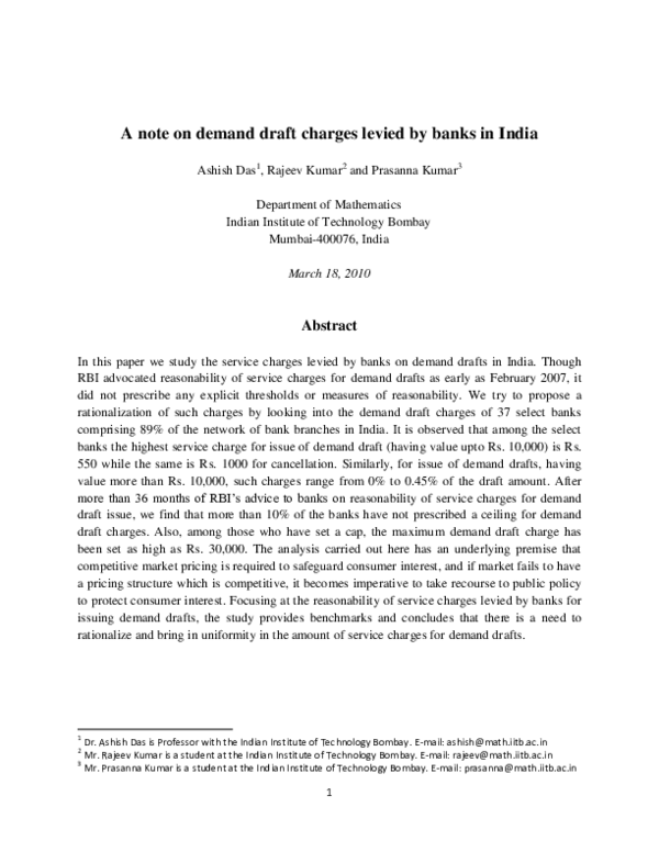 (PDF) A note on demand draft charges levied by banks in India