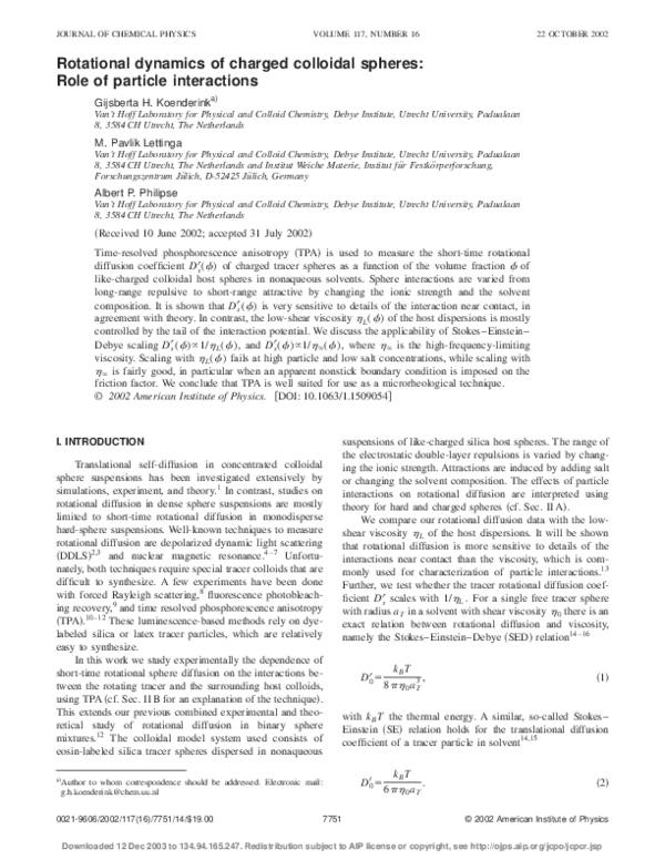 (PDF) Rotational dynamics of charged colloidal spheres: Role of particle interactions