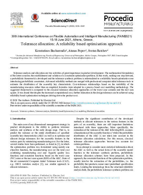 Pdf Tolerance Allocation A Reliability Based Optimisation Approach