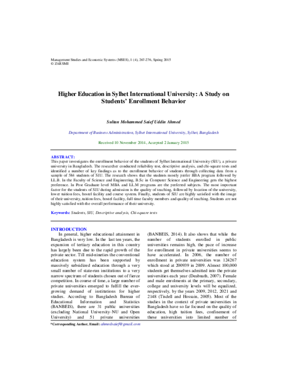 (PDF) Higher Education in Sylhet International University : A Study on Students’ Enrollment Behavior