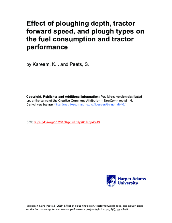 (PDF) Effect of Ploughing Depth, Tractor Forward Speed, and Plough ...