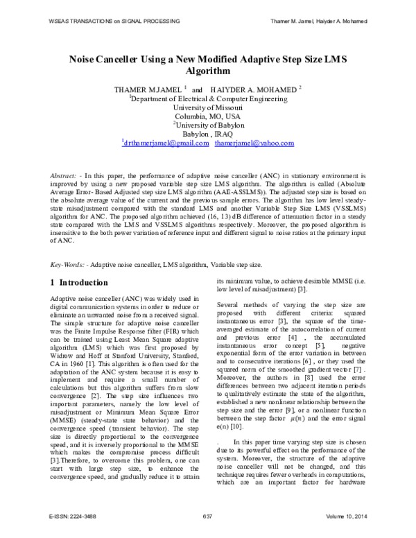 Pdf Noise Canceller Using A New Modified Adaptive Step Size Lms Algorithm 9138