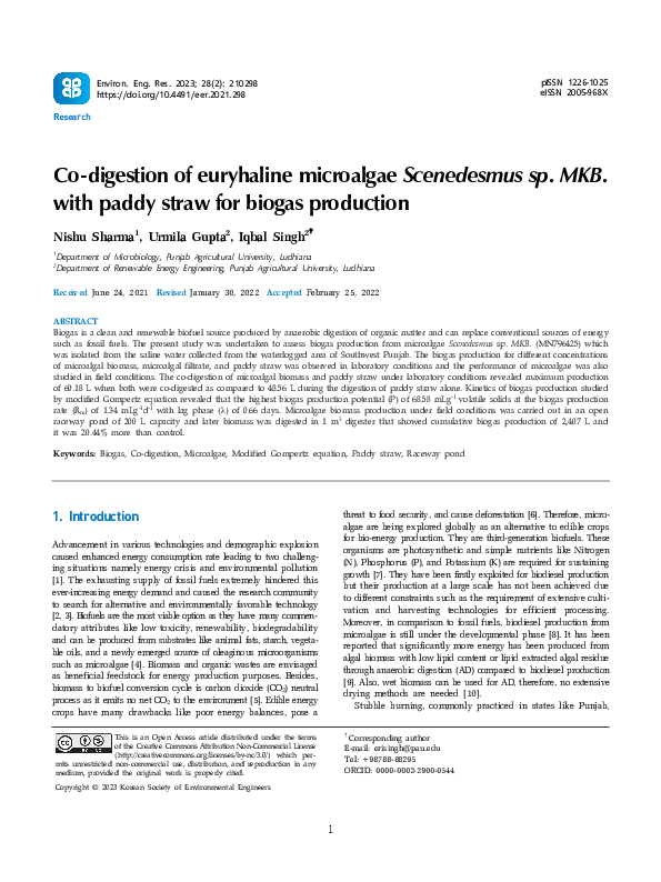 (PDF) Co-digestion of euryhaline microalgae Scenedesmus sp. MKB. with ...
