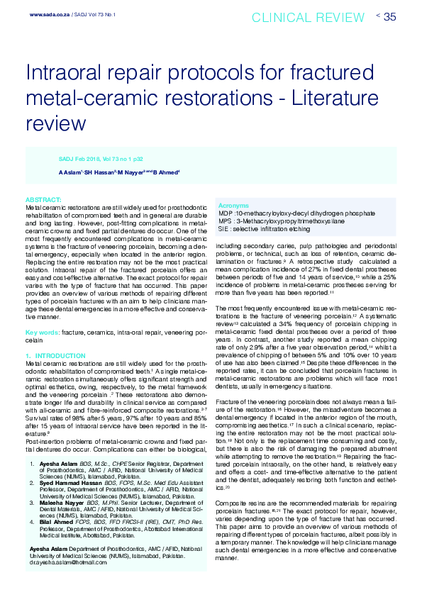(PDF) Intraoral repair protocols for fractured metal-ceramic ...