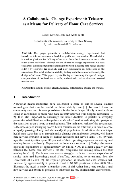 (PDF) A Collaborative Change Experiment: Telecare as a Means for Delivery of Home Care Services