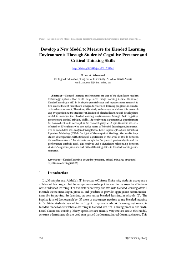(PDF) Measuring Blended Learning Through Cognitive Presence and Critical Thinking