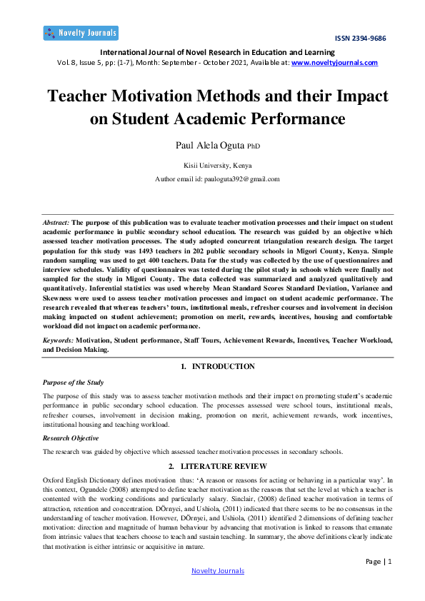 (PDF) Teacher Motivation Methods and their Impact on Student Academic ...