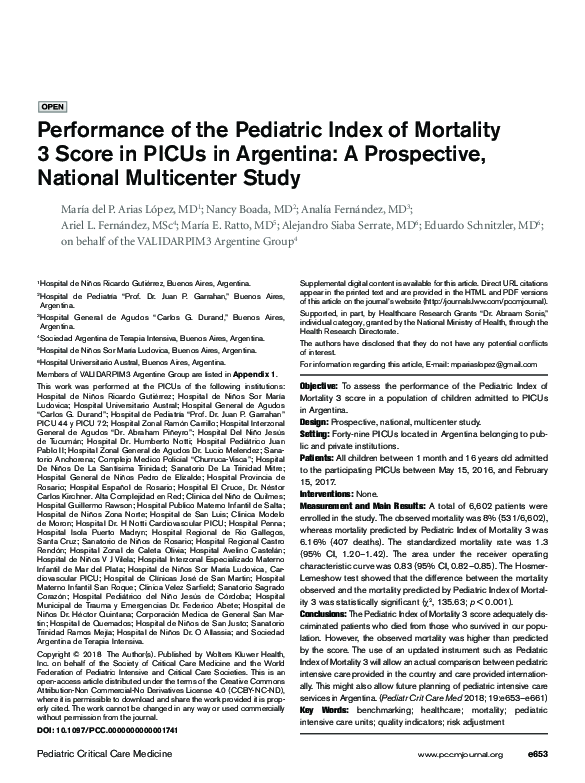 (PDF) Performance of the Pediatric Index of Mortality 3 Score in PICUs ...