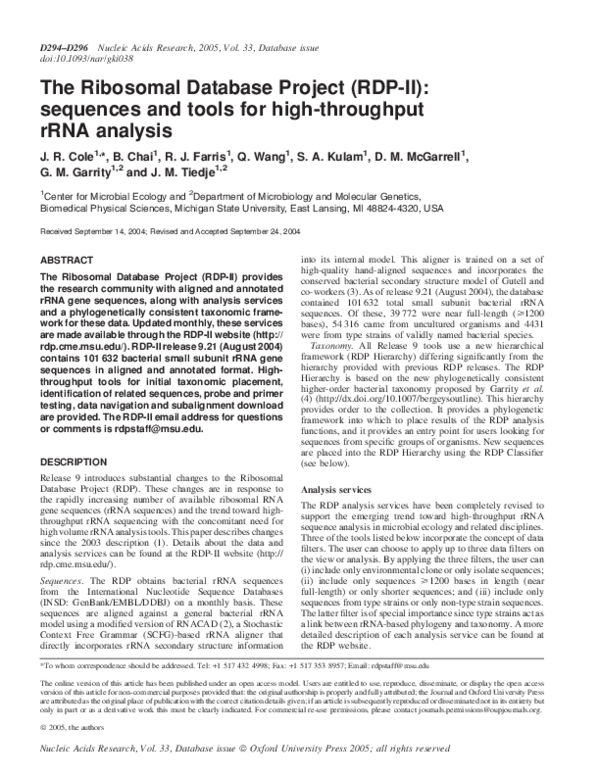 (PDF) The Ribosomal Database Project (RDP-II): sequences and tools for ...