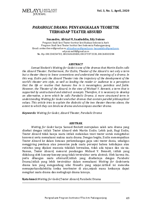 (PDF) Parabolic Drama: Penyangkalan Teoretik Terhadap Teater Absurd