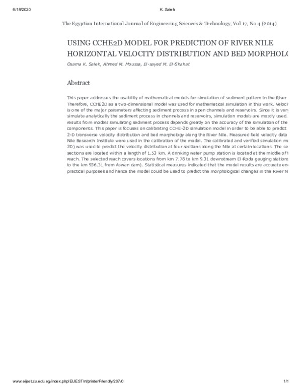 (PDF) Using CCHE2D Model for Prediction of River Nile Horizontal Velocity Distribution and Bed ...