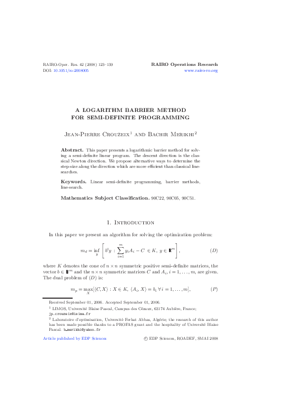 (PDF) A logarithm barrier method for semi-definite programming