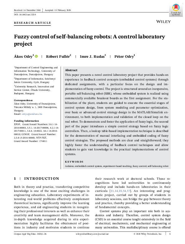 Pdf Fuzzy Control Of Self Balancing Robots A Control Laboratory Project
