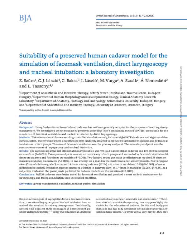(PDF) Suitability of a preserved human cadaver model for the simulation ...