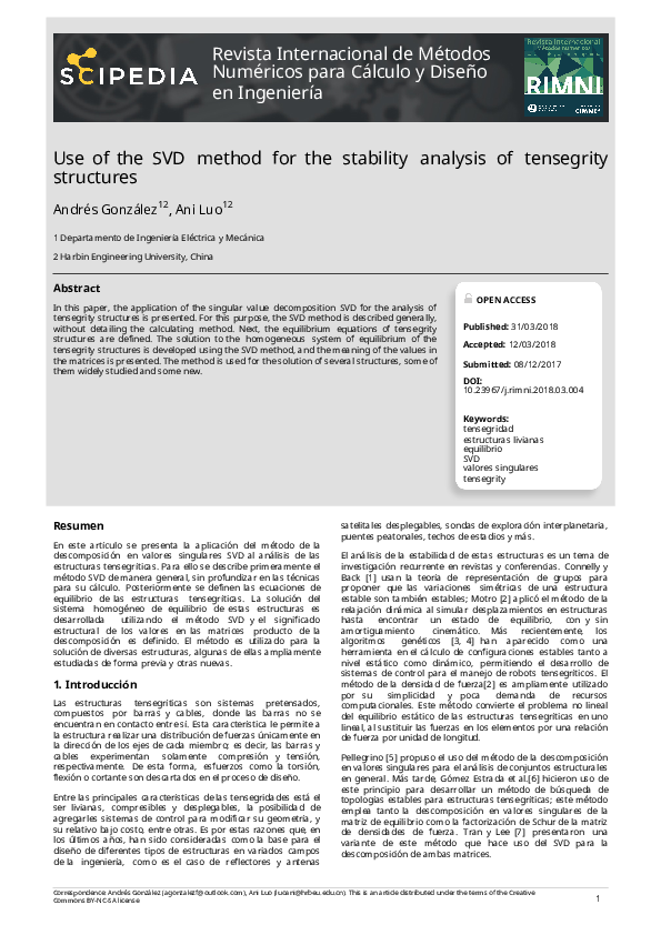 (PDF) Use of the SVD method for the stability analysis of tensegrity structures