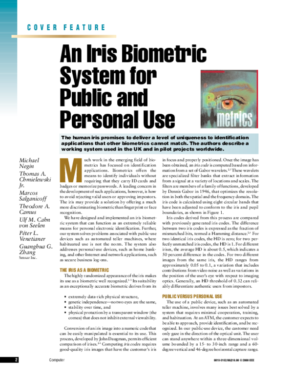 (PDF) An iris biometric system for public and personal use | Michael ...