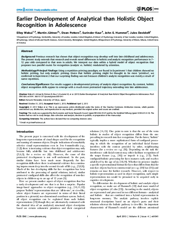 (PDF) Earlier Development of Analytical than Holistic Object Recognition in Adolescence