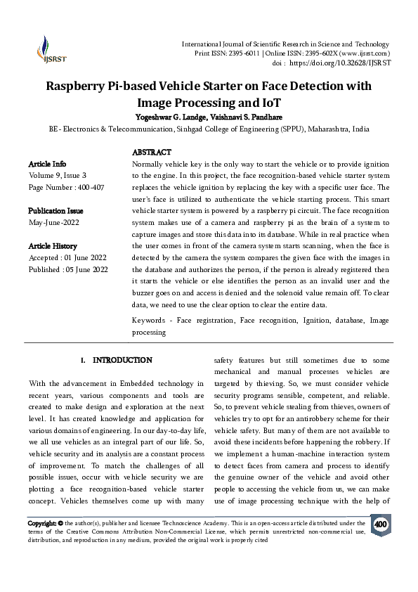 Pdf Raspberry Pi Based Vehicle Starter On Face Detection With Image