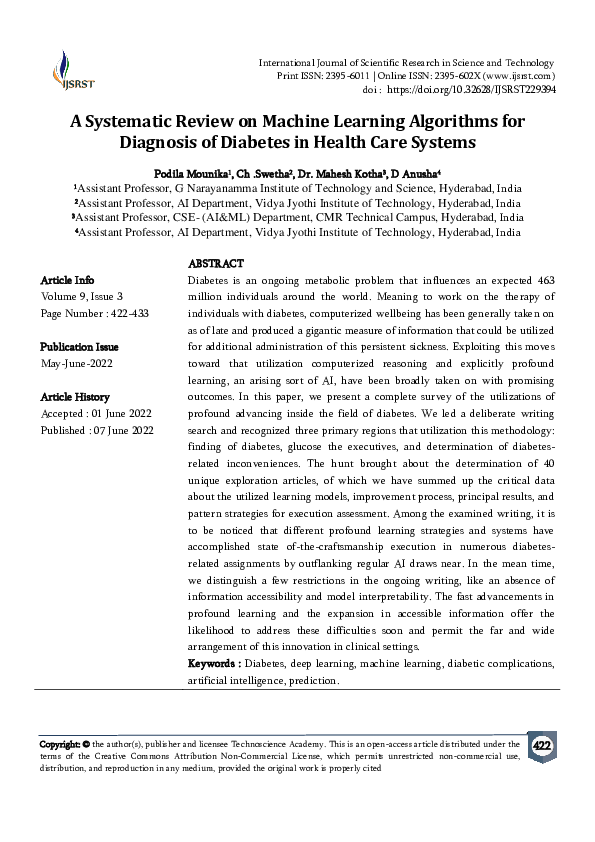 (PDF) A Systematic Review on Machine Learning Algorithms for Diagnosis ...