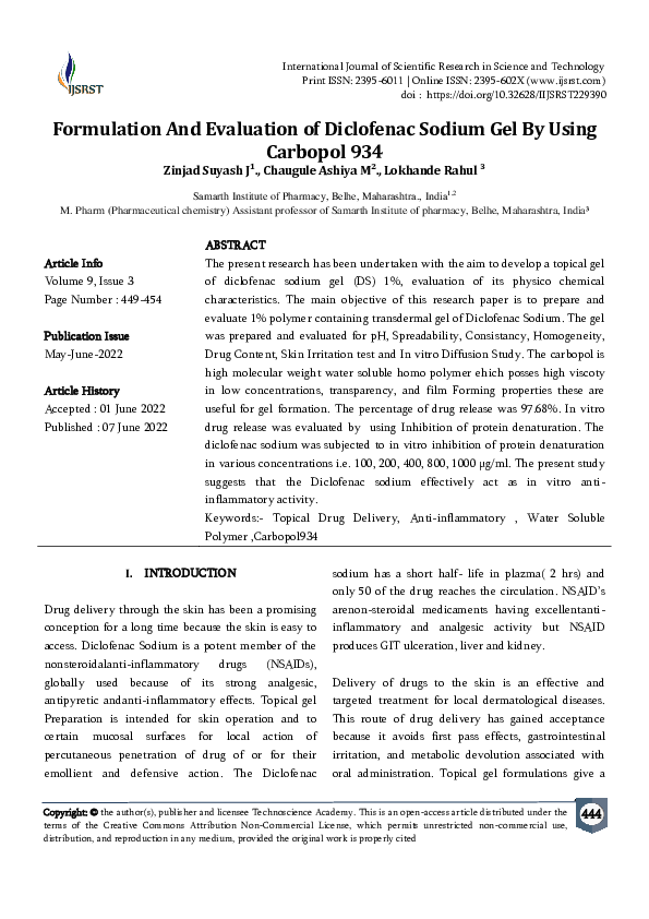 (PDF) Formulation And Evaluation of Diclofenac Sodium Gel By Using Carbopol 93