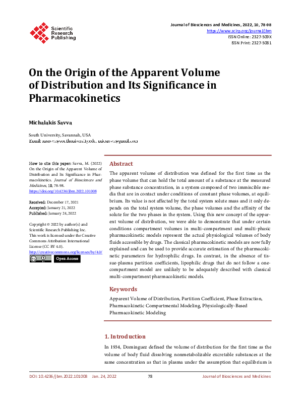 (PDF) On the Origin of the Apparent Volume of Distribution and Its ...