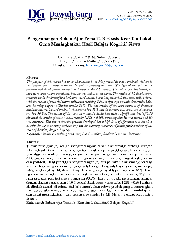 (PDF) Pengembangan Bahan Ajar Tematik Berbasis Kearifan Lokal Guna Meningkatkan Hasil Belajar ...