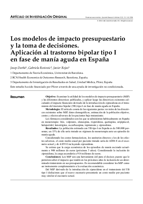 (PDF) Los modelos de impacto presupuestario y la toma de decisiones. Aplicación al trastorno ...