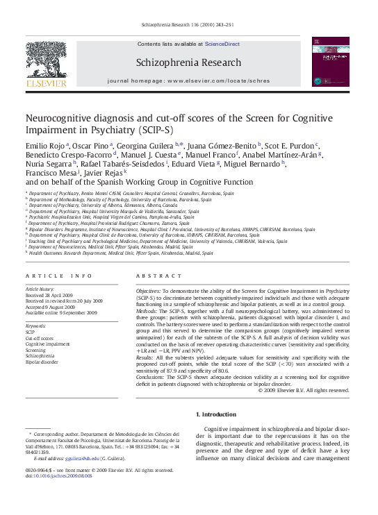 (PDF) Neurocognitive diagnosis and cut-off scores of the Screen for ...