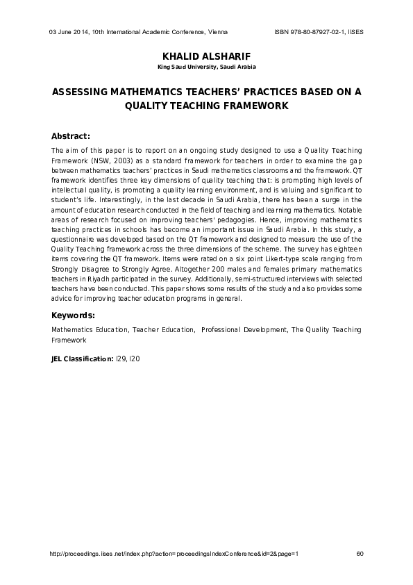 (PDF) Assessing mathematics teachers? practices based on a Quality ...