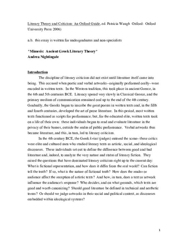 (PDF) "Mimesis": Ancient Greek Literary Theory
