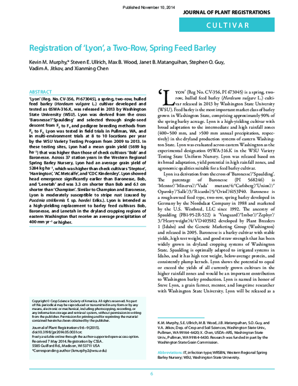 (PDF) Registration of ‘Lyon’, a Two-Row, Spring Feed Barley
