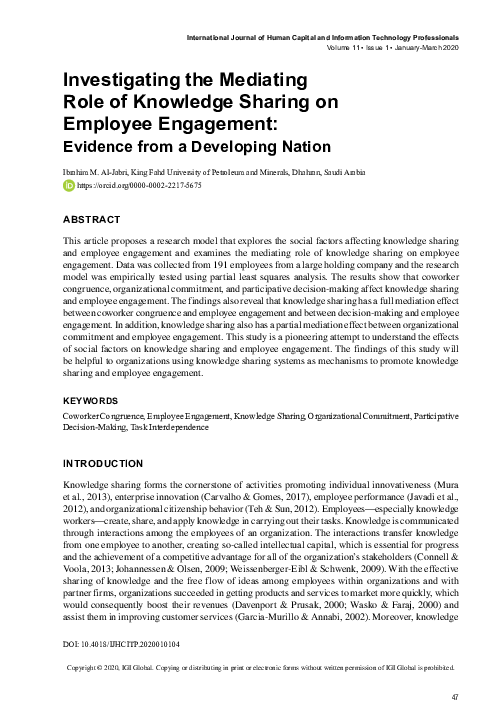 (PDF) Investigating the Mediating Role of Knowledge Sharing on Employee Engagement | Abolghasem ...