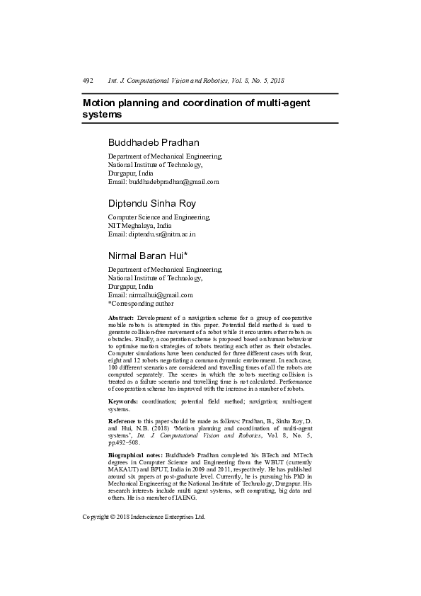 (PDF) Motion planning and coordination of multi-agent systems