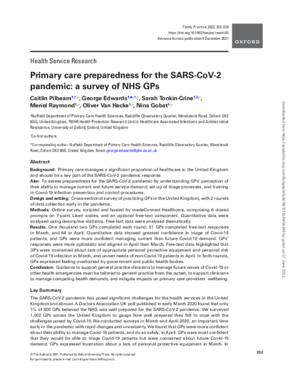 (PDF) Primary care preparedness for the SARS-CoV-2 pandemic: a survey ...