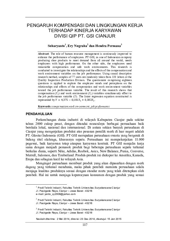 (PDF) Pengaruh Kompensasi Dan Lingkungan Kerja Terhadap Kinerja Karyawan Divisi Qip Pt. Gsi ...
