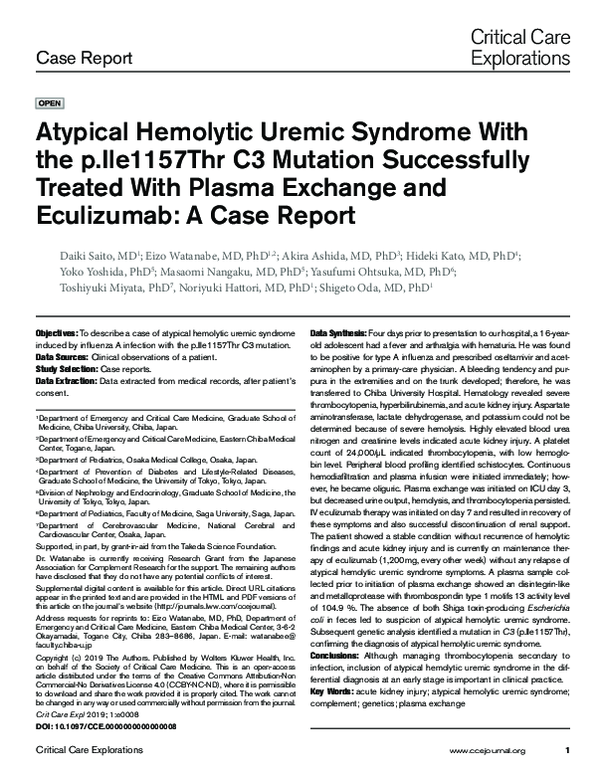 (PDF) Atypical Hemolytic Uremic Syndrome With the p.Ile1157Thr C3 Mutation Successfully Treated ...