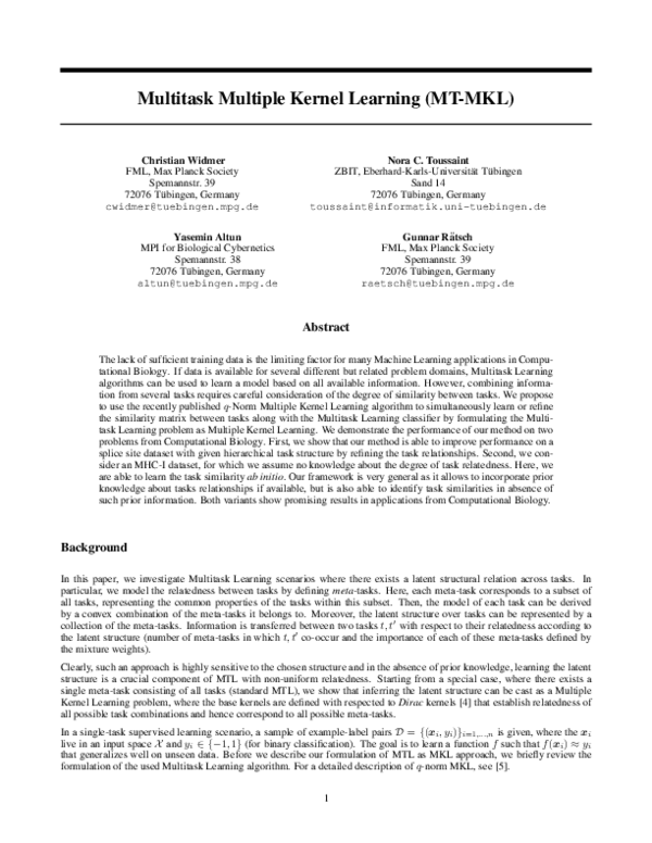 Pdf Multitask Multiple Kernel Learning Mt Mkl